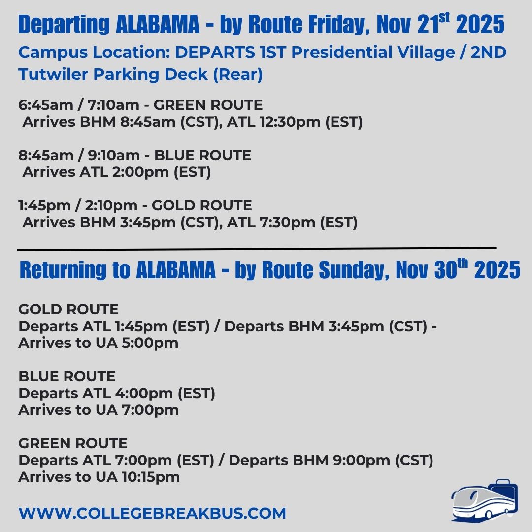 University of Alabama Break Transportation - College Break Bus